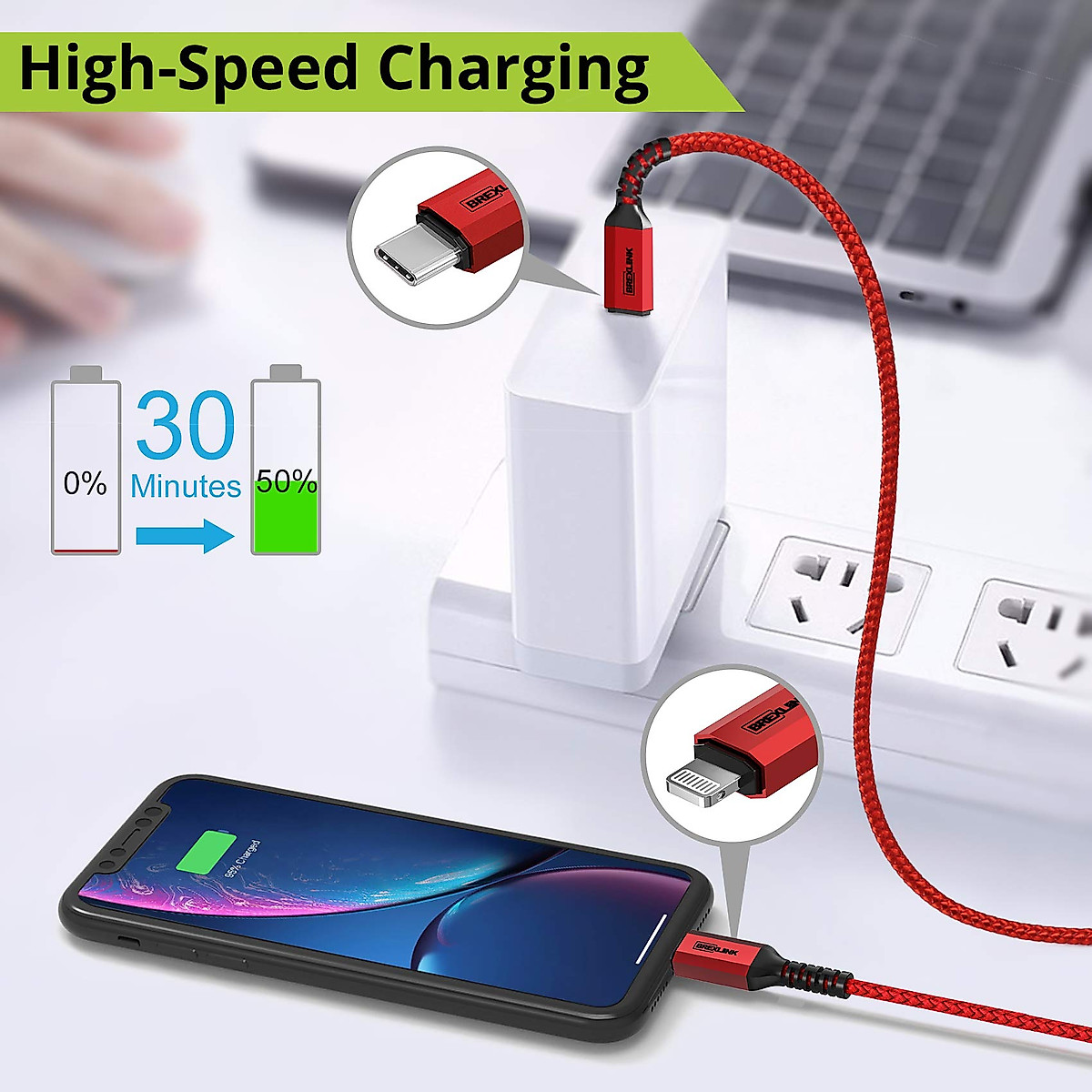 BrexLink USB C to Lightning Cable(10ft, MFi), Fast Charging Support Power Delivery, Nylon Braided Cable Compatible with Phone 12/12 Pro/11/11 Pro/11 Pro Max/XS Max/XS/XR/X/8/8 Plus,Red