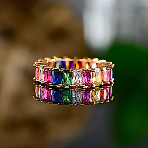 Eternity Rainbow Ring Wedding Band for Women | 18K Gold Plated Emerald-Cut Rainbow Multi Color Created-Gemstone Eternity Ring (Gold, 8)