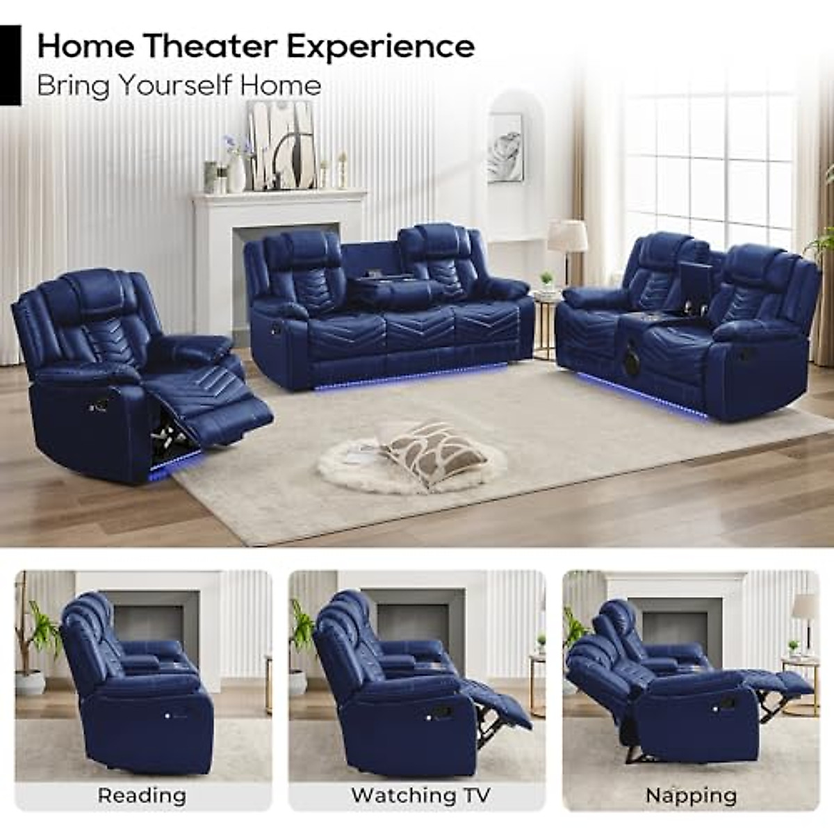Manual Recliner Sofa Set 3 Piece with Wireless Charger for Living Room,Leather 3 Seater Reclining Couch with Bass Speaker and Loveseat Theater Seating,Home Electric Recliner Chair with LED Light,Blue