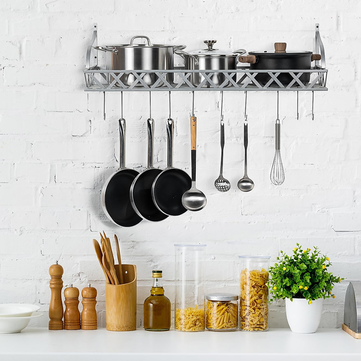 MyGift Wall Mounted Black Metal Kitchen Pots and Pans Storage Rack with Display Shelf Includes 12 Removable S Hooks