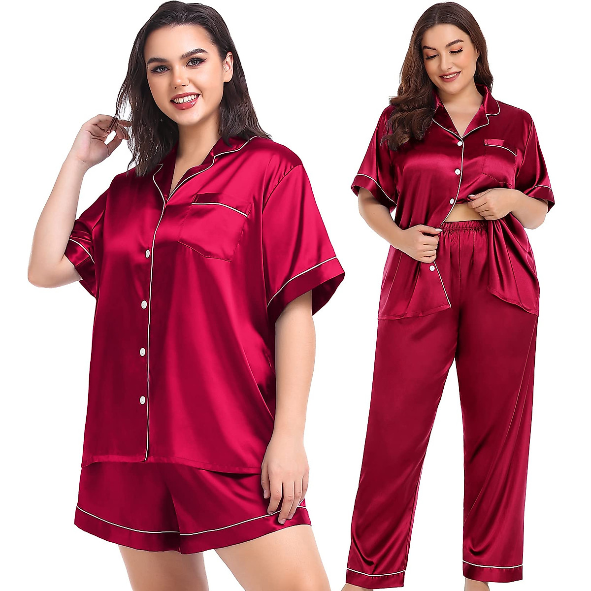 SWOMOG Womens Silk Satin Pajamas Set 3pcs Summer Pj Sets Plus Size Loungewear Button-Down Loose Rose Pink Sleepwear 18W