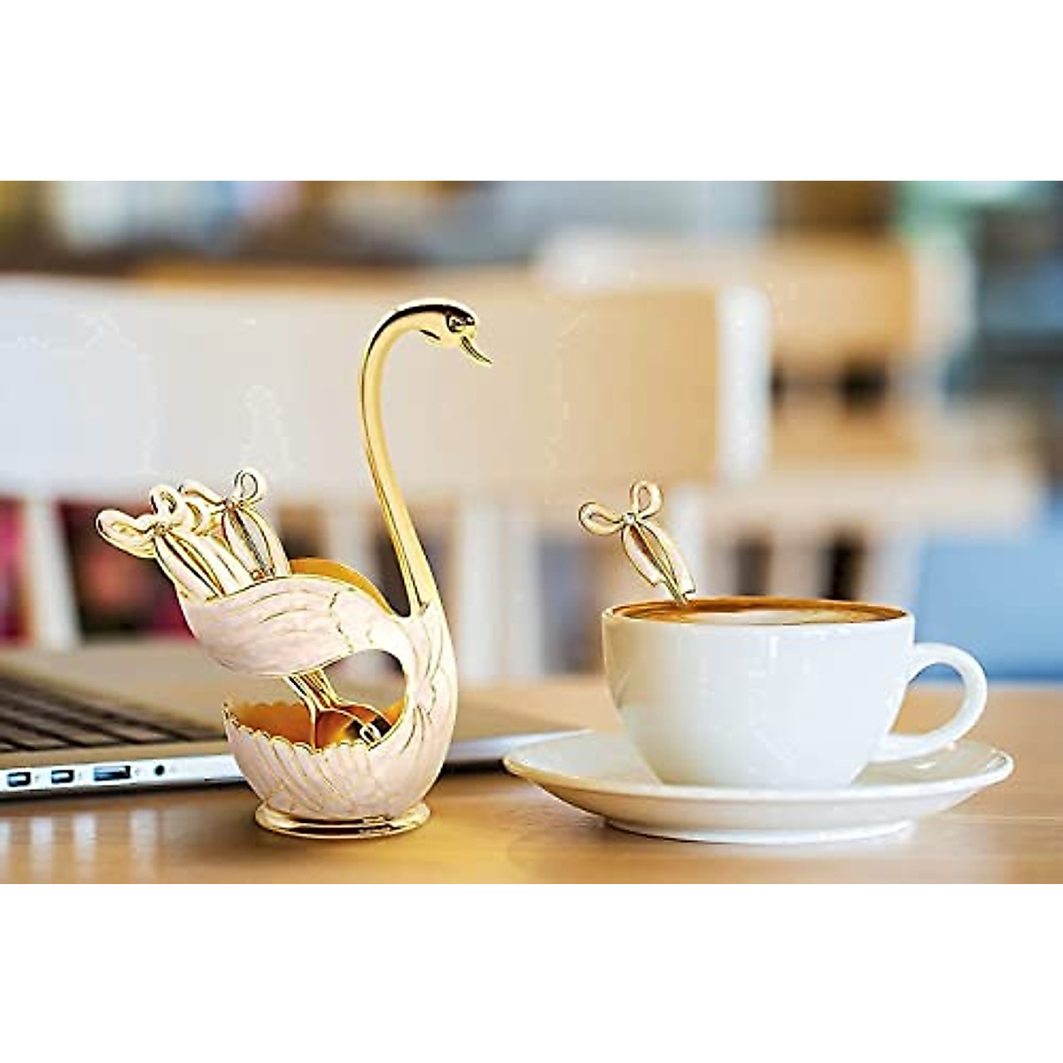 Flylin Coffee Spoon Holder Coffee Dessert Spoon Set Metal Swan Base Holder Spoon Organizer with 6pcs Ice Cream Spoons Teaspoons Coffee Dessert Flatware (Gold)