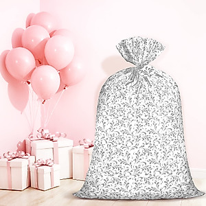 WRAPAHOLIC 56" Large Plastic Gift Bag - Silver Floral Design for Birthdays, Mother's Day, Wedding, Baby Shower, Parties, or Any Occasion - 56" H x 36" W