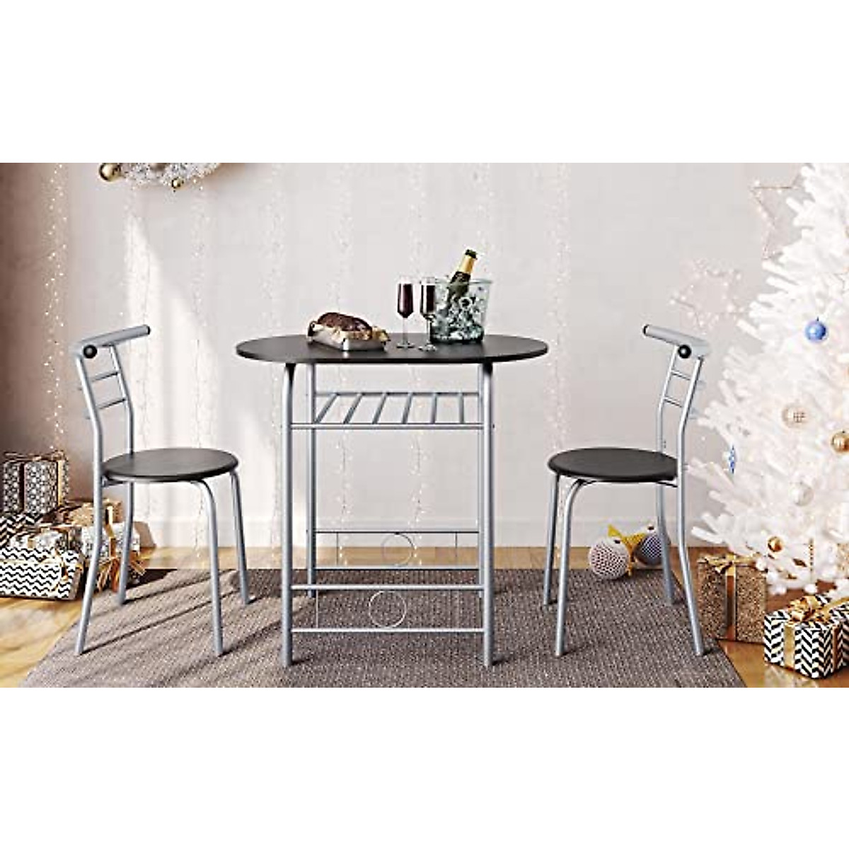 Topeakmart Table & Chair Sets for 2, Dining Room Table Set w/Metal Frame, Storage Rack, Space-Saving Design for Kitchens, Apartments, Dorm Rooms - Black