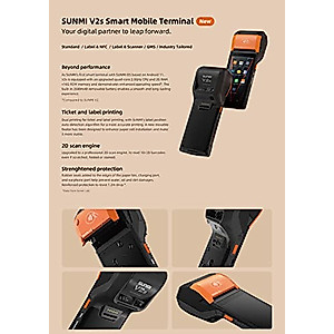 SKYPOS POINT OF SALE SYSTEMS Pos Android 11 Sunmi V2S 2GB 16GB 2X Camera 4G Android Handheld POS Terminal with Printer WiFi NFC Mobile POS Devices Thermal Ticket and Label Portable Printer (4G+NFC)