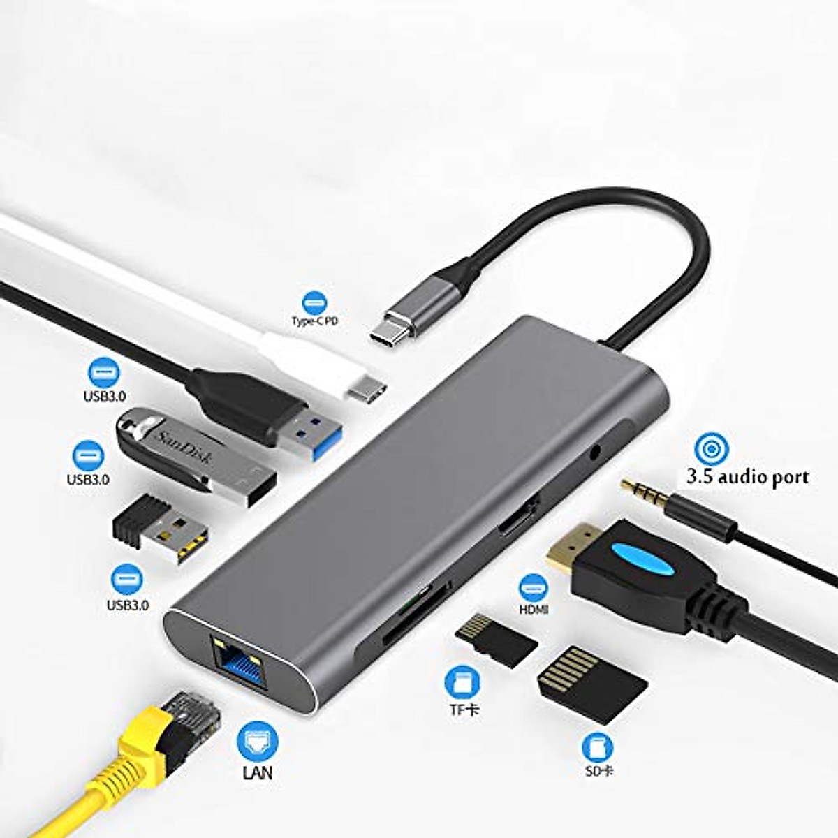 XUNMAIFHB Portable Docking Station,Type-c Expansion Dock 4K HDMI PD Nine-in-one usb3.0 Converter Multi-Function hub hub PD, RJ45, SD/TF, HDMI, 3.5mm Audio Interface Fast Transmission