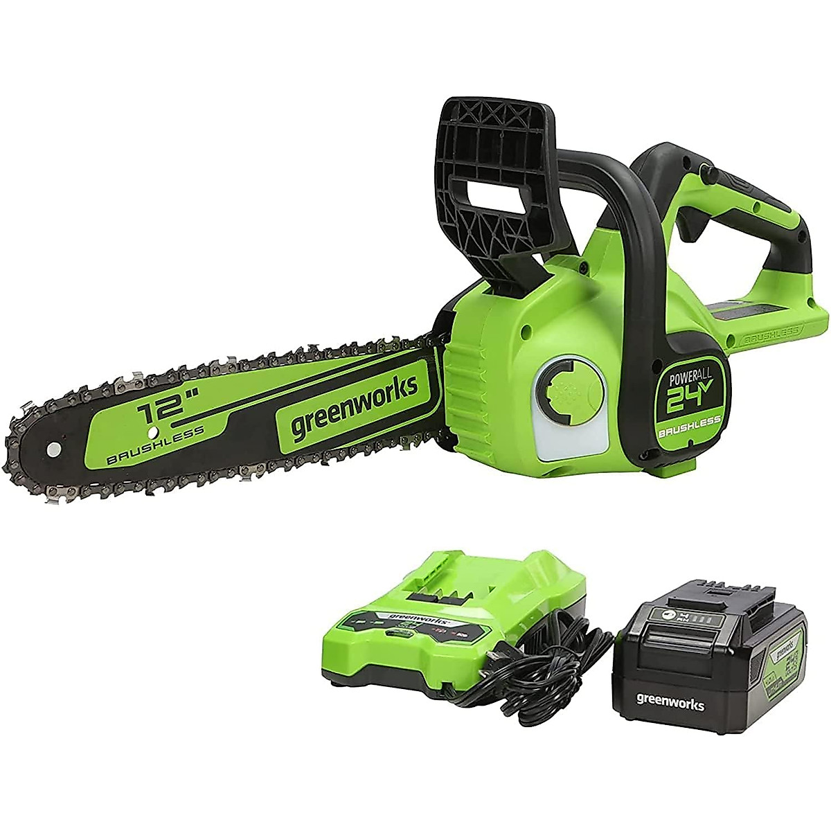 Greenworks 24V 12" Brushless Cordless Compact Chainsaw (Great For Storm Clean-Up, Pruning, and Firewood / 125+ Compatible Tools), 4.0Ah Battery and Charger Included