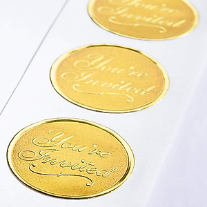PaperDirect Gold You're Invited Round Embossed Foil Seals, 48 Count