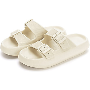 WHITIN Slides for Women Men Extra-Thick Cushion Slides Straps Pillow Slippers Light EVA Foam Adjustable Double Buckle Sandals Outdoor Beach Quick Drying House Sandles Beige
