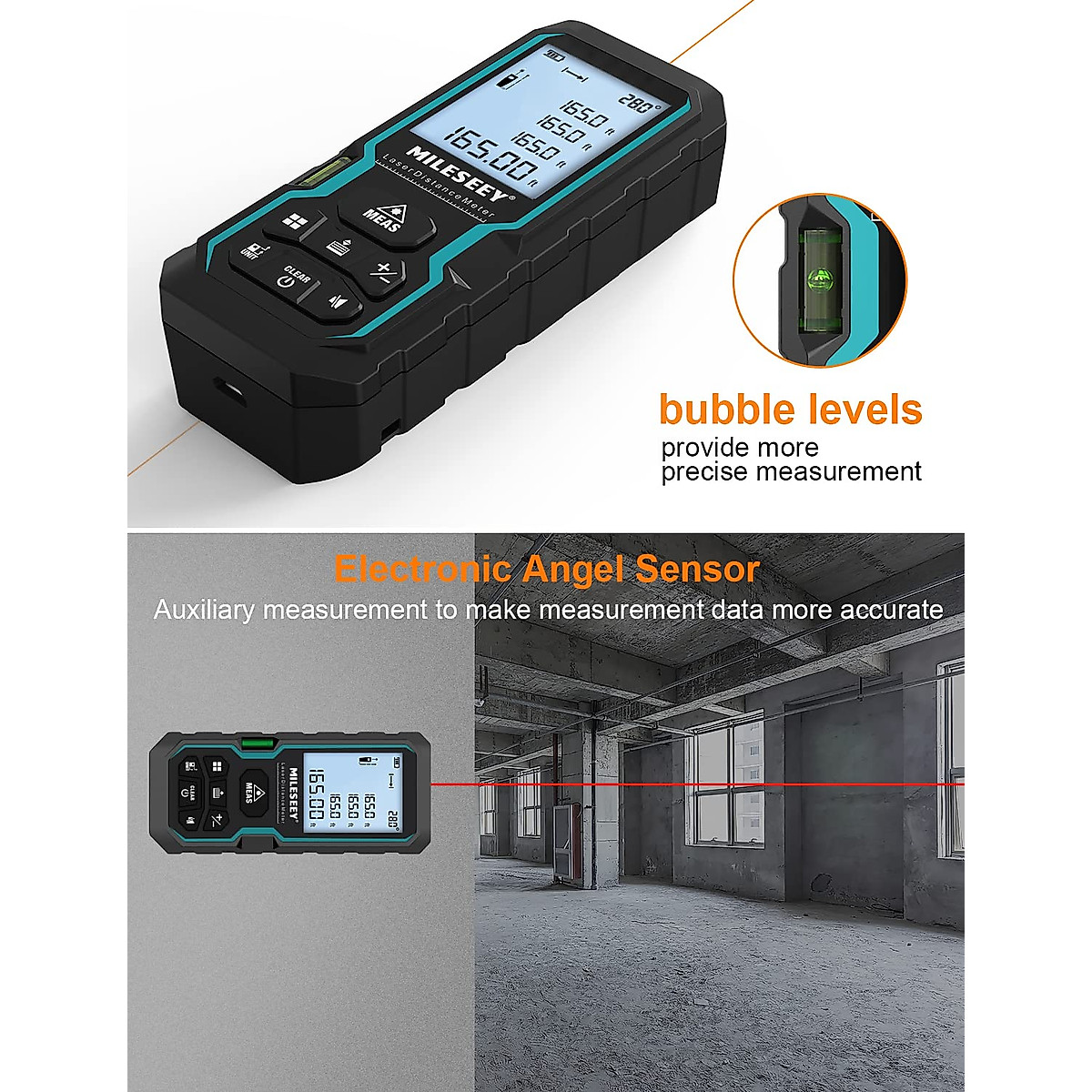 Laser Measure with Digital Angle Display, Mileseey by RockSeed 165 Feet with Electronic Level Control,M/in/Ft Unit Switching Backlit LCD and Pythagorean Mode, Measure Distance, Area, Volume