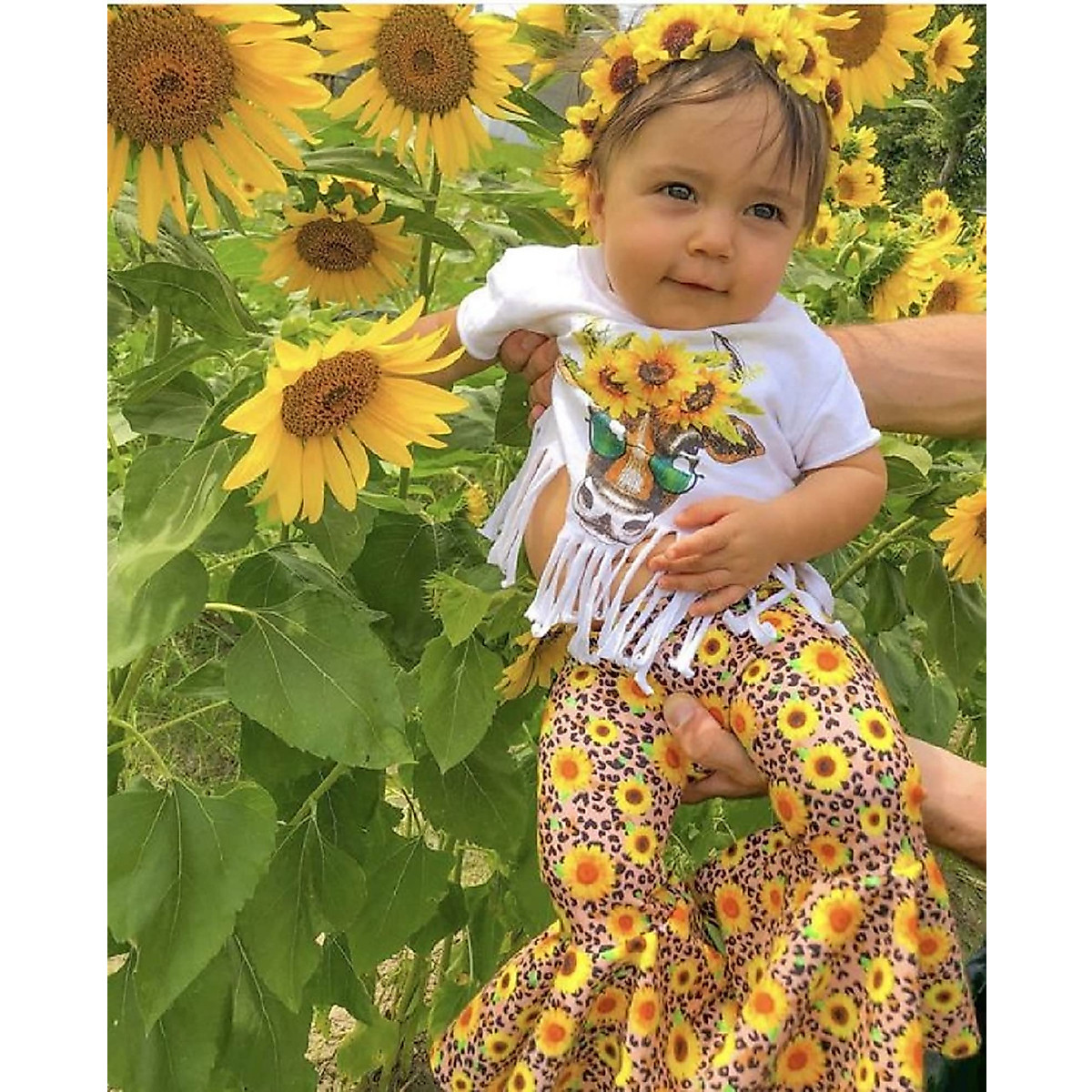 wdehow Toddler Baby Girl Clothes Set Long Sleeve Tassel T-Shirt Top Bottom Sunflower Flare Pants 2pcs Spring Summer Outfits (Yellow, 4-5T)