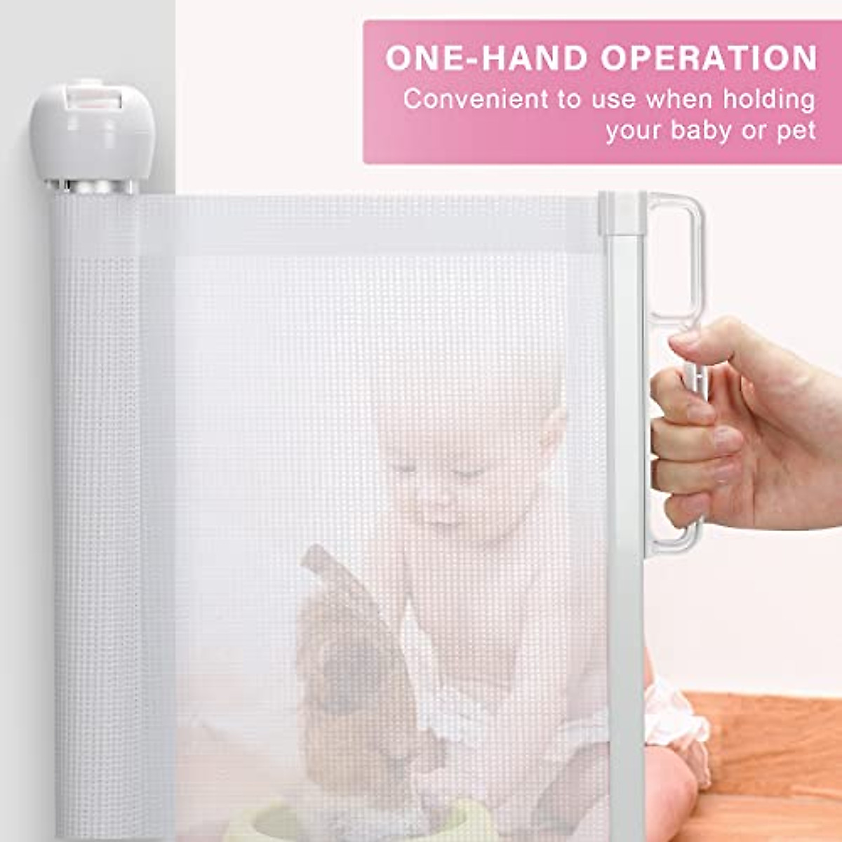 Retractable Baby Gate Extra Wide- 34” Tall Extends Up to 54” Wide Safety Mesh Stairs Gate for Kids or Pets Dogs Gate for Doorways/Banister/Hallways/Deck/Indoor/Outdoor -Wall Spacer Kit Included