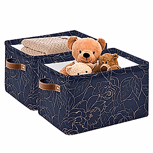 susiyo Navy Blue Foldable Storage Bins, Peony Floral Storage Cube Bin Baskets for Shelves with Handles, Decorative Fabric Storage Baskets for Organizing Shelves Nursery Home Closet Toys 2 Packs