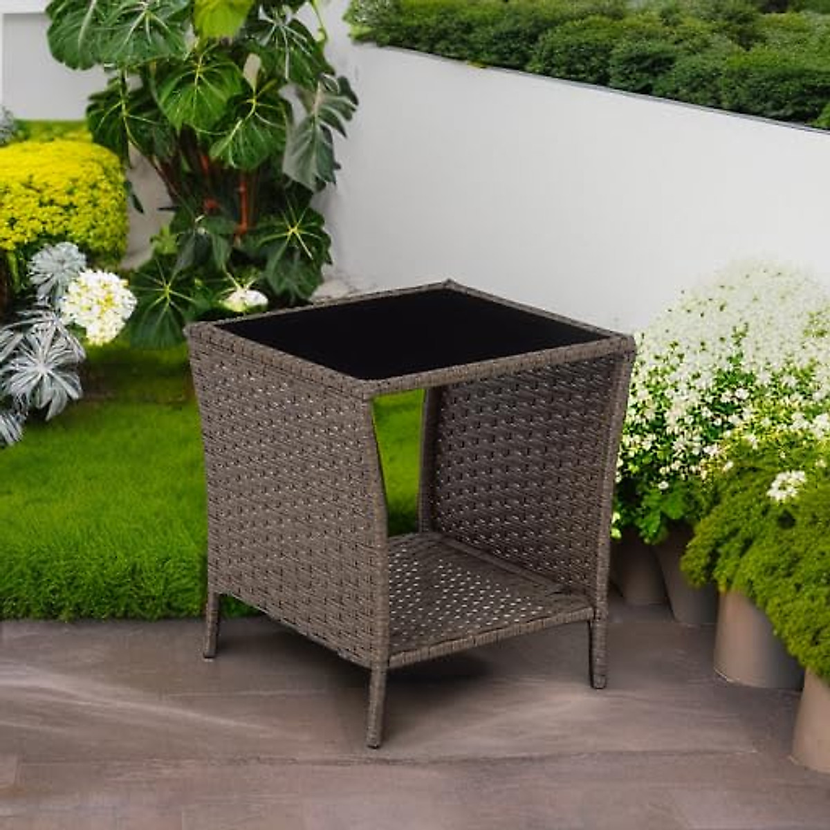 Elesuli Wicker Side Coffee Table Outdoor Side Tables Storage Bistro Table Patio Furniture Square End Tables Garden Table Brown