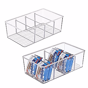 Vtopmart 2 Pack Food Storage Organizer Bins, Clear Plastic Storage Bins for Pantry, Kitchen, Fridge, Cabinet Organization and Storage, 2 Compartment Holder for Packets, Snacks, Pouches, Spice Packets