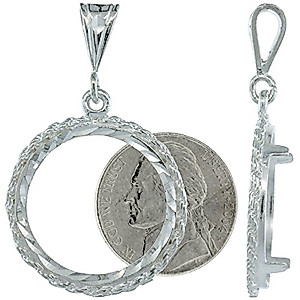Sterling Silver Nickel Bezel 21 mm Coins Prong Back Rope Edge Diamond Cut 5 Cent Coin NOT Included