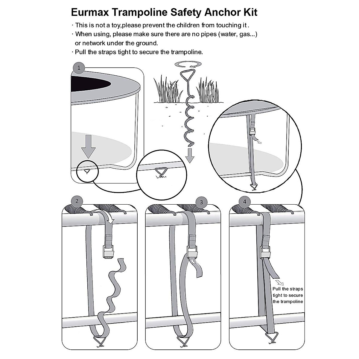 Eurmax USA Trampoline Stakes Trampoline Anchors High Wind Heavy Duty Corkscrew Shape Steel Tent Stakes Trampoline Tie Downs Anchor Kit with T Hook for Trampoline - Set of 4 Bonus 4 Strong Belt,Silver
