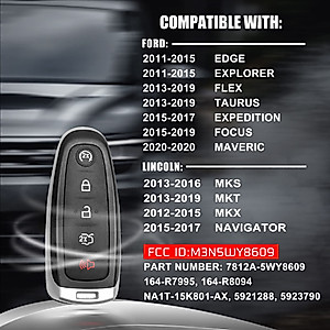 Replacement Car Remote Key Fob Fits for Ford 2011-2015 Edge Explorer 2013-2019 Flex Taurus Focus Lincoln MKT MKX MKS Navigator M3N5WY8609 Keyless Entry Remote Start Control