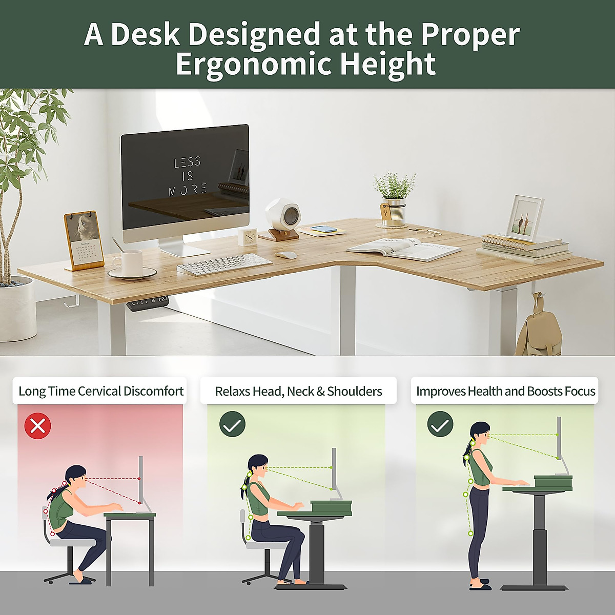 FEZIBO 75 Inches Triple Motor L Shaped Standing Desk Reversible, Electric Height Adjustable Corner Stand up Desk, Sit Stand Desk Computer Workstation, White Frame/Natural Top