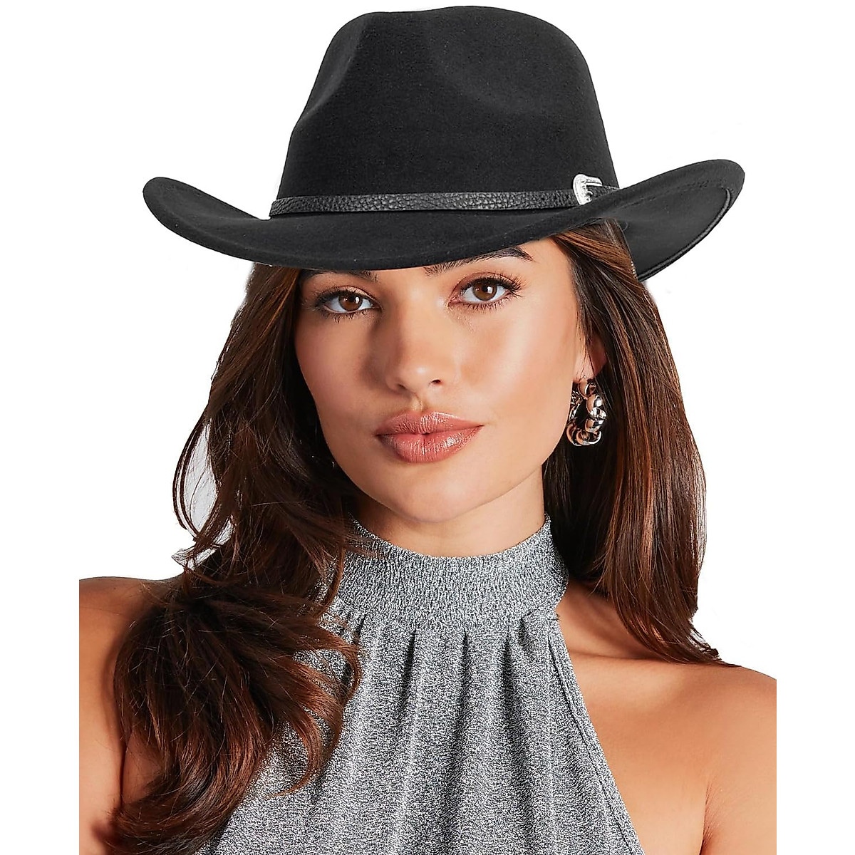 Classic-Women-Men-Western-Cowboy-Hat-Cowgirl-Hat-Wide-Brim-Outdoor-Fedora-Hat with Buckle-Belt Black