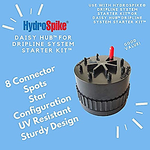 HydroSpike Daisy Hub for Dripline System Kit, Automatic Portable Drip Watering Zone, 8 Connections for Dripper Heads/Stakes. Water Irrigation Emitters in Outdoor Vegetable Garden. No Batteries or Pump