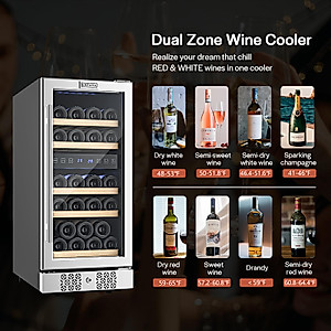 Empava Chiller 15 inch Mini Double Fridge Built in or Freestanding Wine Cooler Stainless Steel Glass Door Quiet Operation Compressor Adjust Temperature, 29 Bottles Dual Zone, Silver
