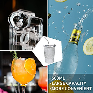 16 oz Bling Diamond Straw Cup Bling Rhinestone Stainless Steel Thermal Bottle Refillable Insulated Glitter Water Bottle 2 Pcs Blue Cup Brushes 6 Pcs Straw Brushes for Women Female Girls (Silver)