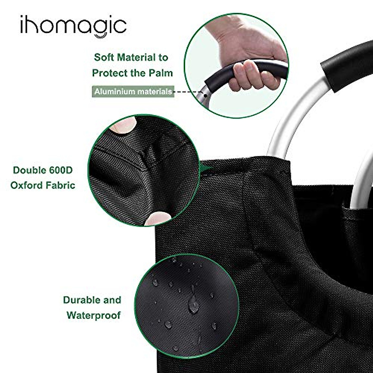 IHOMAGIC Portable Laundry Hamper, Laundry Basket with Aluminum Handle, 120L XL Foldable Washing Bin, Oxford Fabric Laundry Bag Oversize Storage Bin for Kids Toys, Blankets (XL, Black)