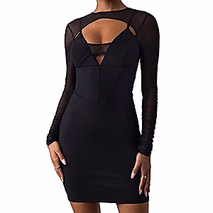 Uni Clau Women’s Sexy V Neck Mesh Patchwork Long Sleeve Mini Dress Criss Cross Backless Halter Neck Bodycon Party Clubwear Night Club Skinny Dresses Black L