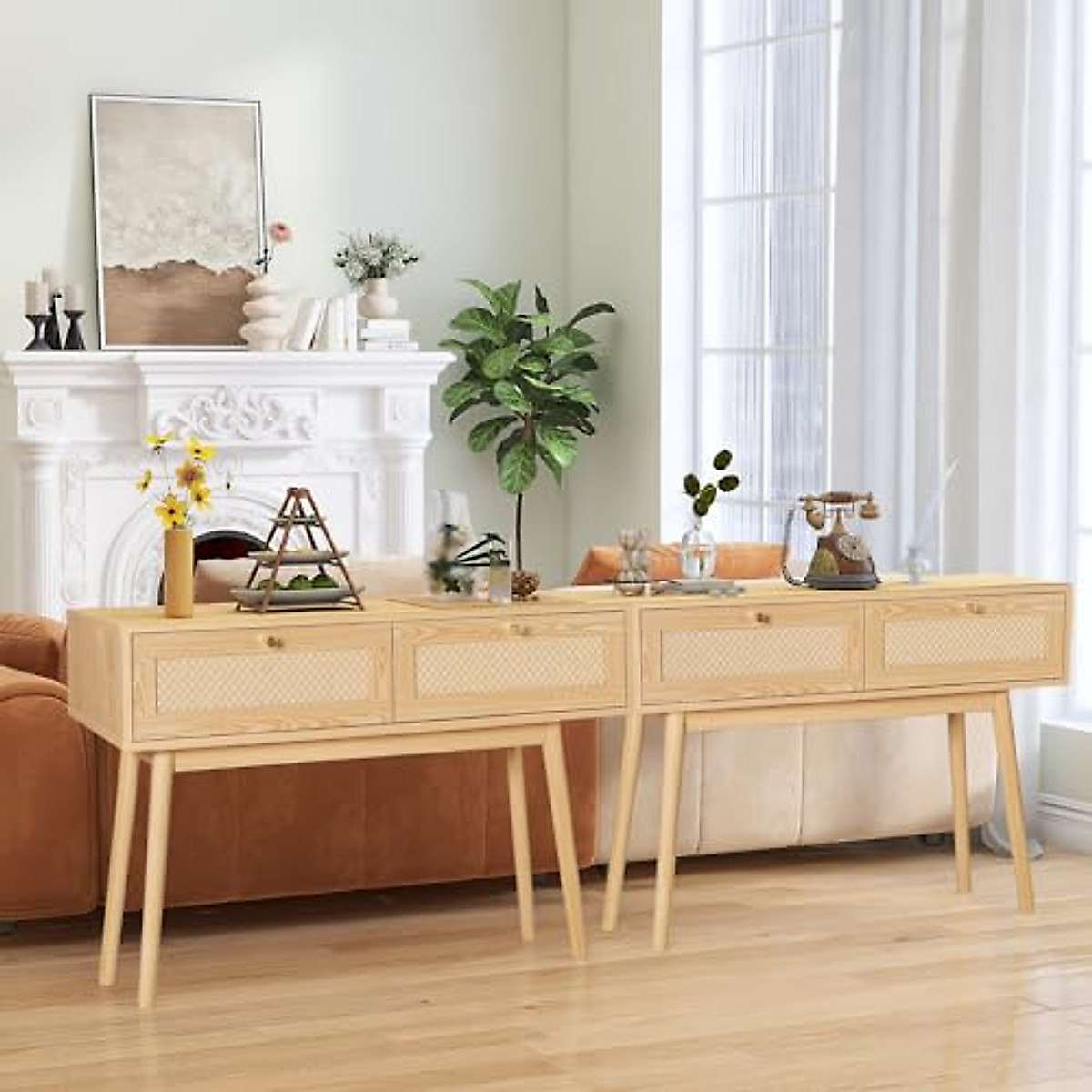 TYBOATLE Kraft Woven Rattan Console Table with 2 Drawers, Narrow Wood Entry Way Table, Modern & Boho Accent Sofa Bar Table for Entryway, Foyer, Front Hall, Hallway, Living Room (Natural Ash)
