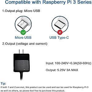 Mackertop 5.25V 3A Micro USB Wall Charger for Raspberry Pi 3 B+ Power Supply Includes 1.8M (5.4 Ft) Power Cord