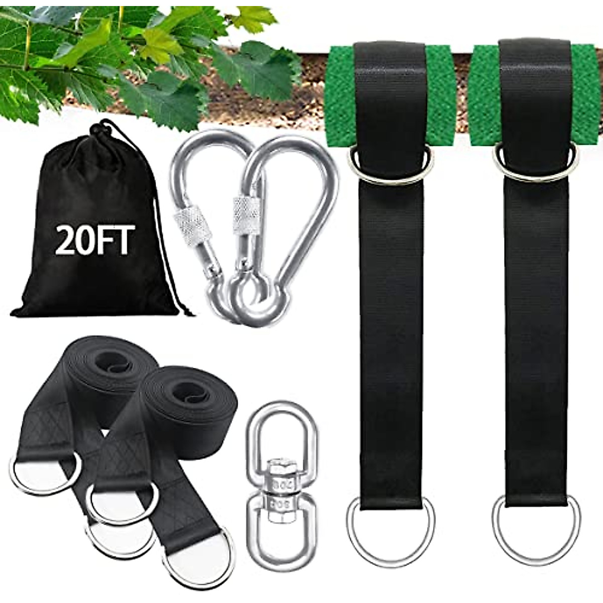 igolfluck Tree Swing Straps Hanging Kit 50CM/8FT/15FT/20FT/25FT, Extra Long Tree Swing Straps Holds 5500 lbs with Lock Carabiners & Tree Protectors, Safer for All Swing & Hammock (20FT)
