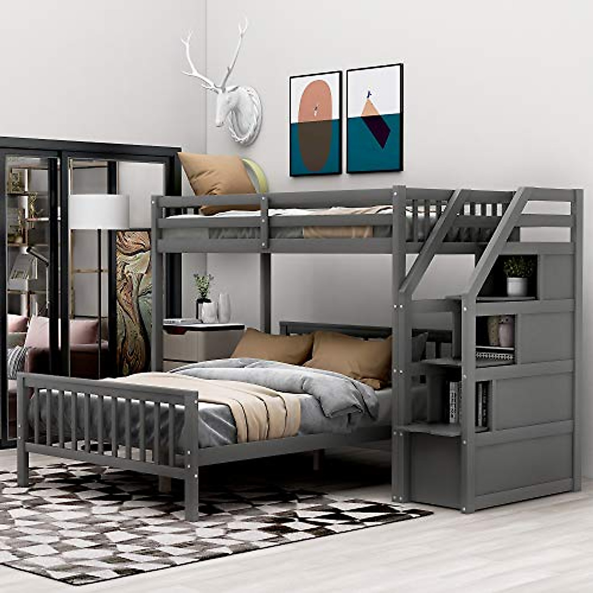 DEYOBED Twin Over Full Wooden Bunk Bed and Loft Bed Convetible with Storage Staircases for Kids Teens