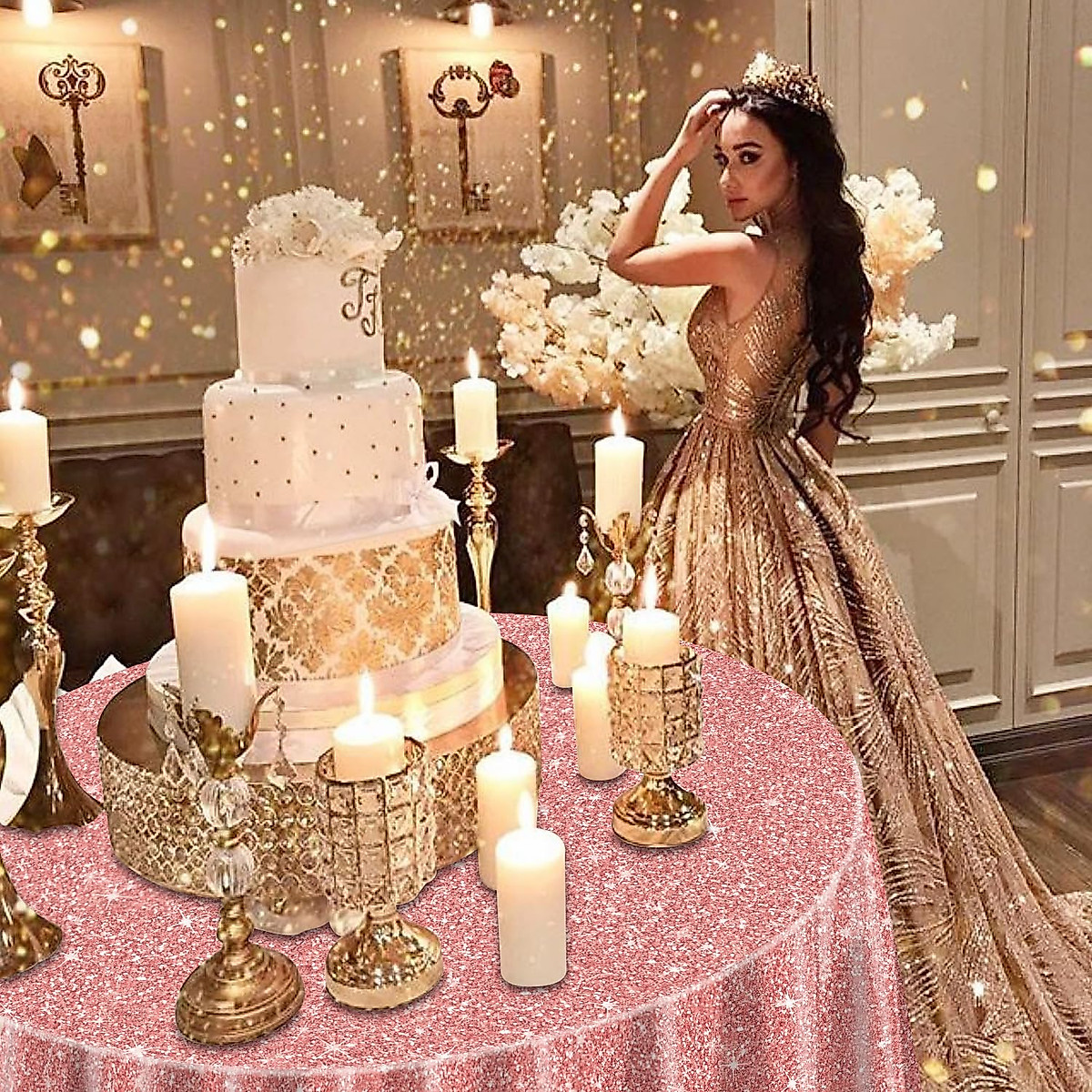 3 Pack Pink Rose Gold Tablecloths for Round Table, 84x84'' Rose Gold Sequin Printed Plastic Round Table Cover, Rose Gold Glitter Party Decorations for Girls Birthday Wedding Graduation Princess Party