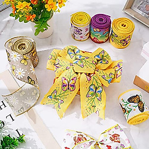 Whaline 6 Roll Butterfly Wired Edge Ribbon 36 Yards Colorful Butterfly Daisy Flower Plaids Craft Ribbon Spring Summer Farmhouse Fabric Ribbon for Gift Wrapping Hair Bow Sewing Wreath Crafts, 2.5 Inch