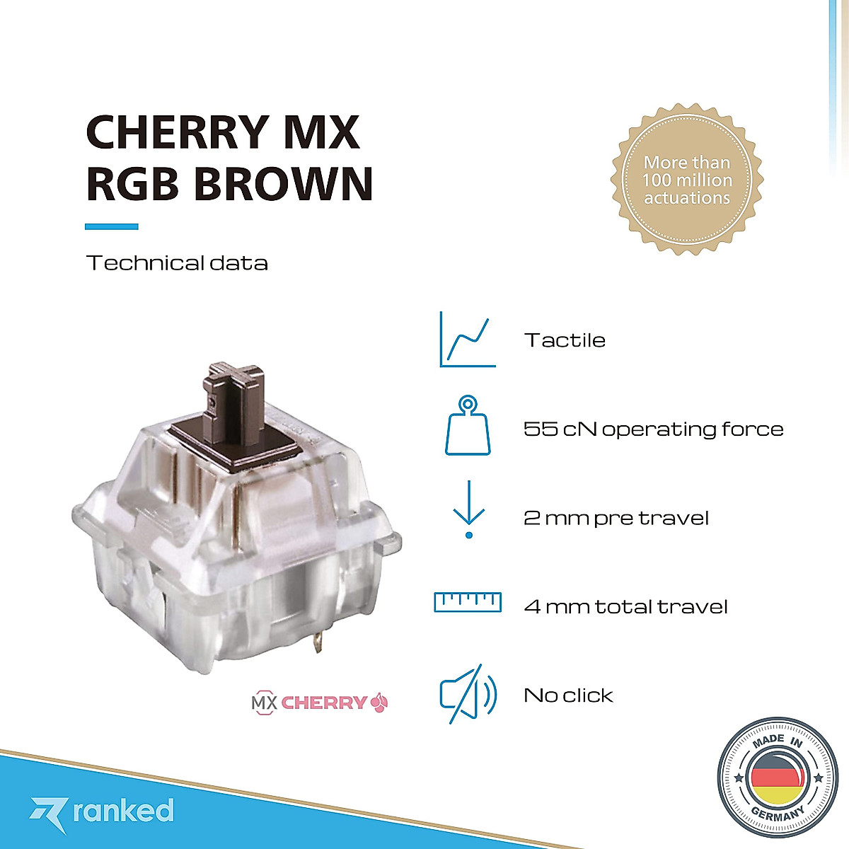 Bundle of 65 Cherry MX RGB Brown Switches for Mechanical Gaming Keyboards & Ranked Premium CNC Machined Switch Opener