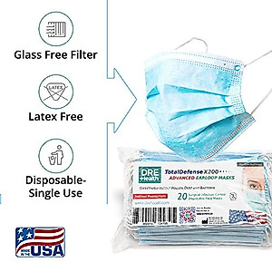 Dre 3 Ply Disposable Face Masks, 20 Count - Made in the USA - Medical Grade