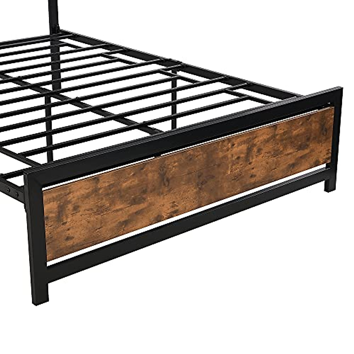 FIQHOME Metal and Wood Bed Frame with Rustic Vintage Headboard and Footboard,Queen Size Platform Bed,No Box Spring Needed, Easy to Assemble(Black)