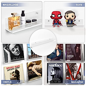 Laurensory Vinyl Record Shelf Wall Mount, 6 Pack Clear Acrylic Album Record Holder Display, Kids Bookshelf, Floating Wall Shelves for Bathroom, Bedroom, Living Room, Kitchen, 7 inch