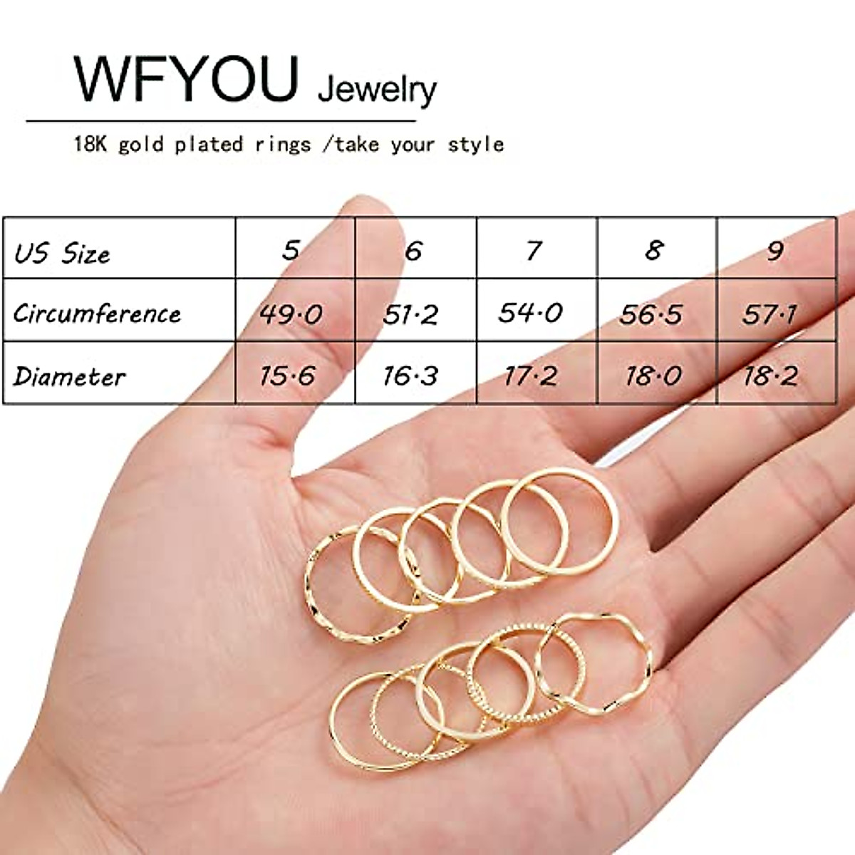 WFYOU 10 Pcs 1-2mm 18K Gold Plated Simple Rings for Women Band Knuckle Stacking Midi Rings Elegant Classic Minimalist Rings Comfort Fit