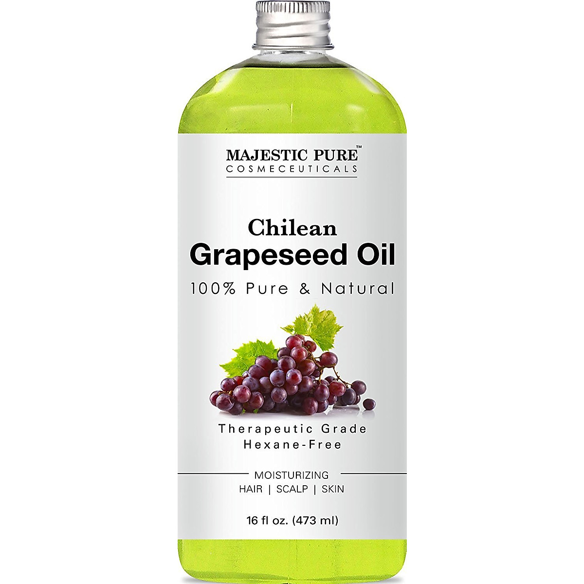 Majestic Pure Grapeseed Oil, Pure & Natural Massage and Carrier Oil, Skin Care for Sensitive Skin, Light Silky Moisturizer for All Skin Types - 16 fl. oz.