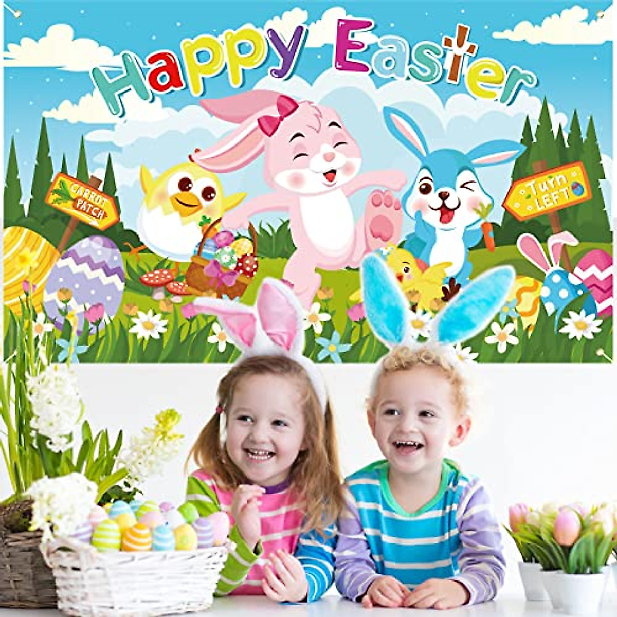 HOWAF Large Fabric Easter Party Decorations, Happy Easter Egg Bunny Hunt Banner and Chick Sign Easter Hunt Game Banner Poster for Photo Booth Backdrop with Rope for Spring Easter Party Supplies