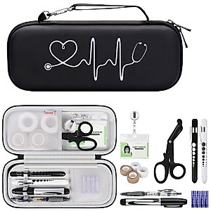 BOVKE 15 Pcs Stethoscope Case Nurse Tool Sets Include Stethoscope Case, Medical Scissors, 2 Penlights with Batteries, Bandage Wraps, Name Card Holder for Nursing School Essentials, Black