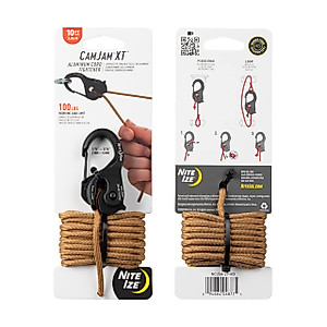 Nite Ize CamJam XT Aluminum Rope Tightener - Versatile Tie Down Cam Mechanism with Carabiner Clip - Secure Hiking Gear Essential - Rope Tie Down Accessory - Black/Coyote