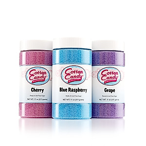 Cotton Candy Express Floss Sugar Variety Pack with 3 - 11oz Plastic Jars of Cherry, Blue Raspberry & Grape Flossing Sugars. Use With Cotton Candy Express Countertop Machine