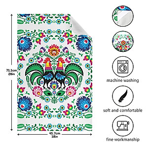 Polish Floral Rooster Folk Art Colorful On White Set of 1 Polyester Kitchen Dish Towel, Dishtowels Waffle Dishcloths, Hemmed Napkin Towel, Hand Bar Tea Towels with Hanging Loop