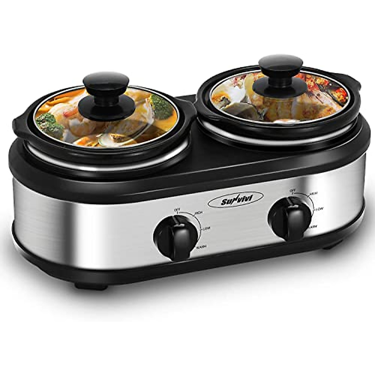 Sunvivi Dual Pot Slow Cooker, 2 Pot Small Mini Crock Buffet Server and Warmer, Double Pot Buffet Food Warmer Adjustable Temp Lid Rests Stainless Steel, Total 2.5 Quarts