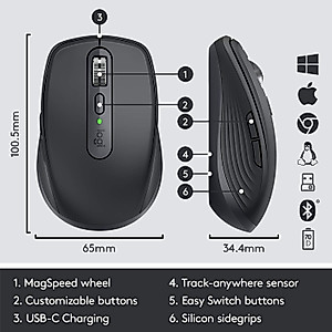 Logitech MX Anywhere 3 Compact Performance Mouse, Wireless, Comfort, Fast Scrolling, Any Surface, Portable, 4000DPI, Customizable Buttons, USB-C, Bluetooth - Graphite (Renewed)
