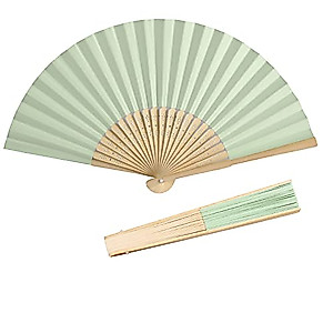 SL crafts Paper Hand Fan Folding Vintage Fans Bamboo Folded Fan Outdoor Wedding Party Gift Baby Shower Favors (Light Green, 50)