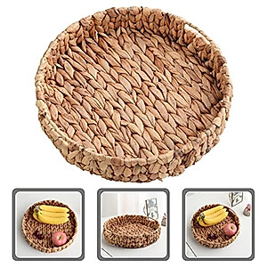 OUNONA Woven Round Fruit Tray Bread Serving Basket Water Hyacinth Storage Baskets Handmade Tabletop Storage Holder Tray Rustic Ottoman Tray for Dinner Breakfast Drinks Snack